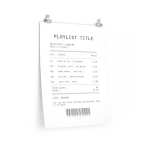 Personalized Song Receipt Poster Print, Custom Playlist Gifts ...