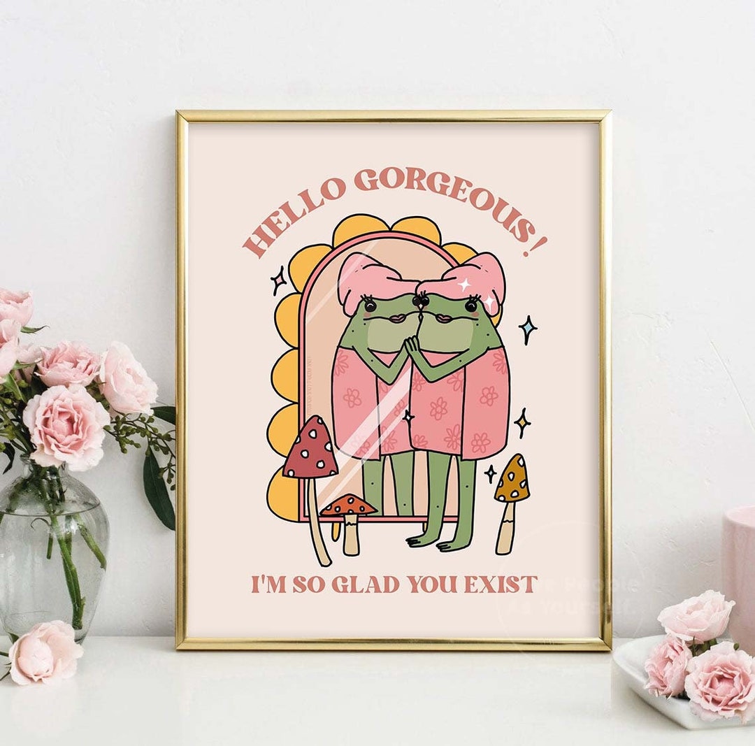 Girly Frog Self Love Wall Print, Positivity Hello Gorgeous, Pink Retro ...