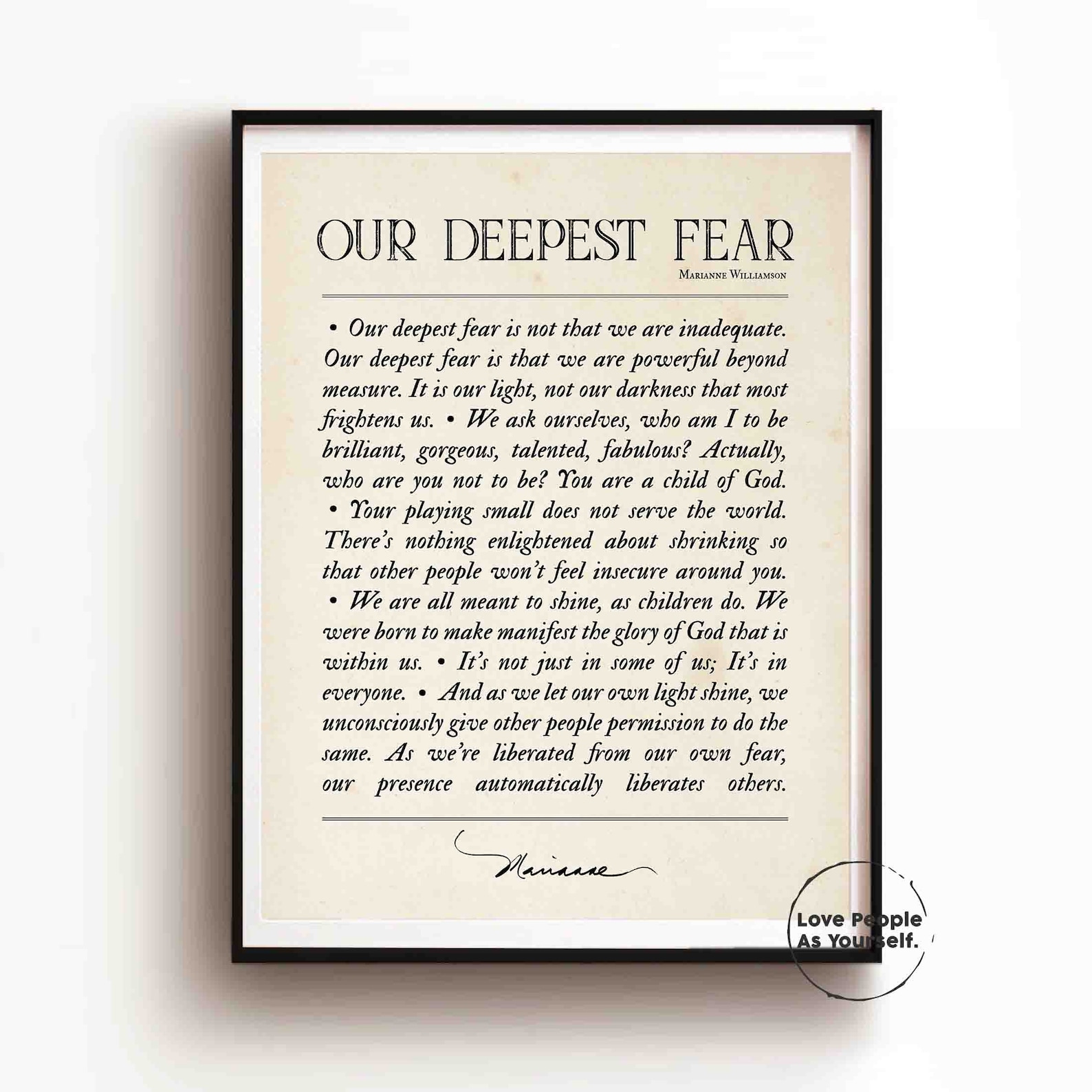 Our Deepest Fear Poem, Marianne Williamson Wall Art Print Poster ...