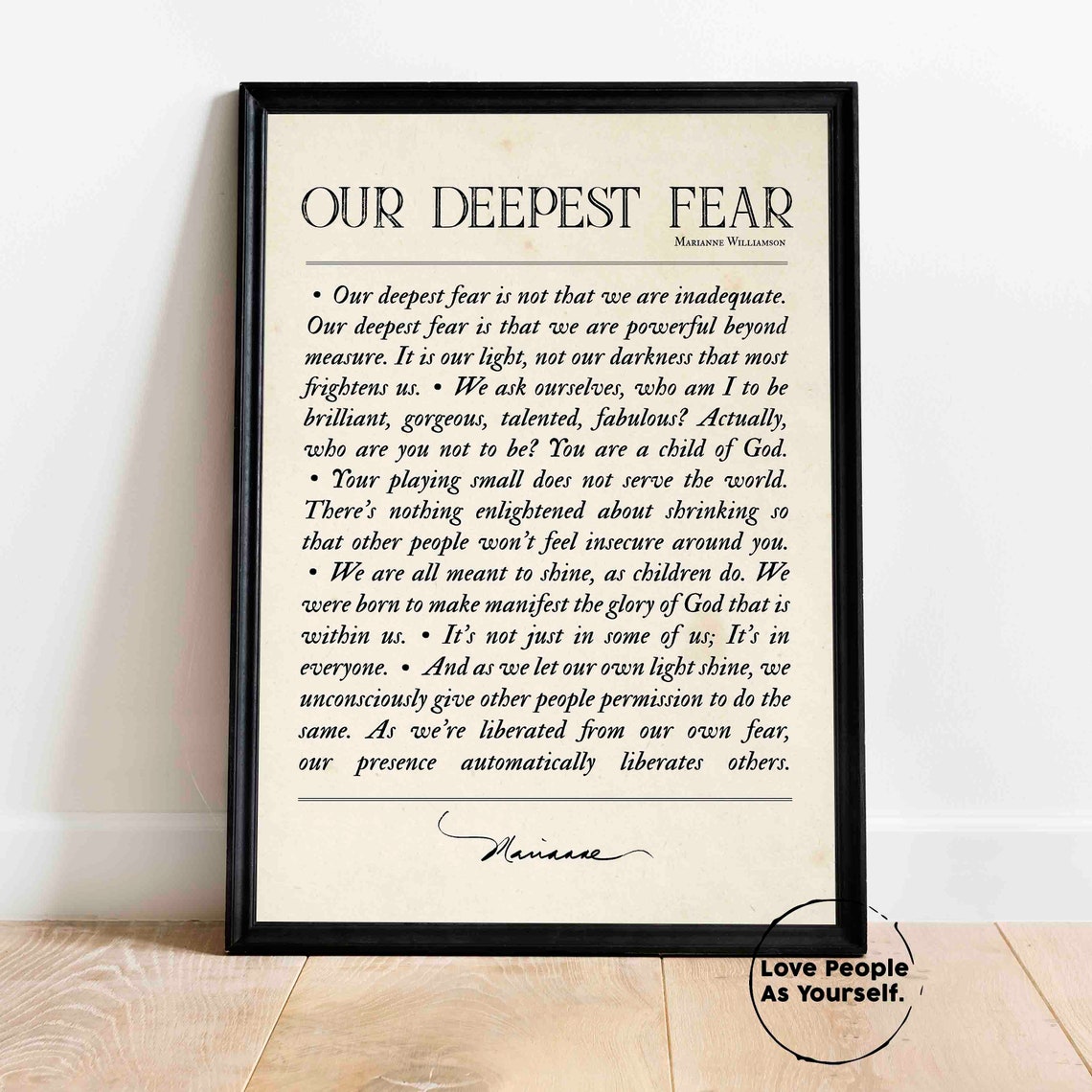 Our Deepest Fear Poem, Marianne Williamson Wall Art Print Poster ...