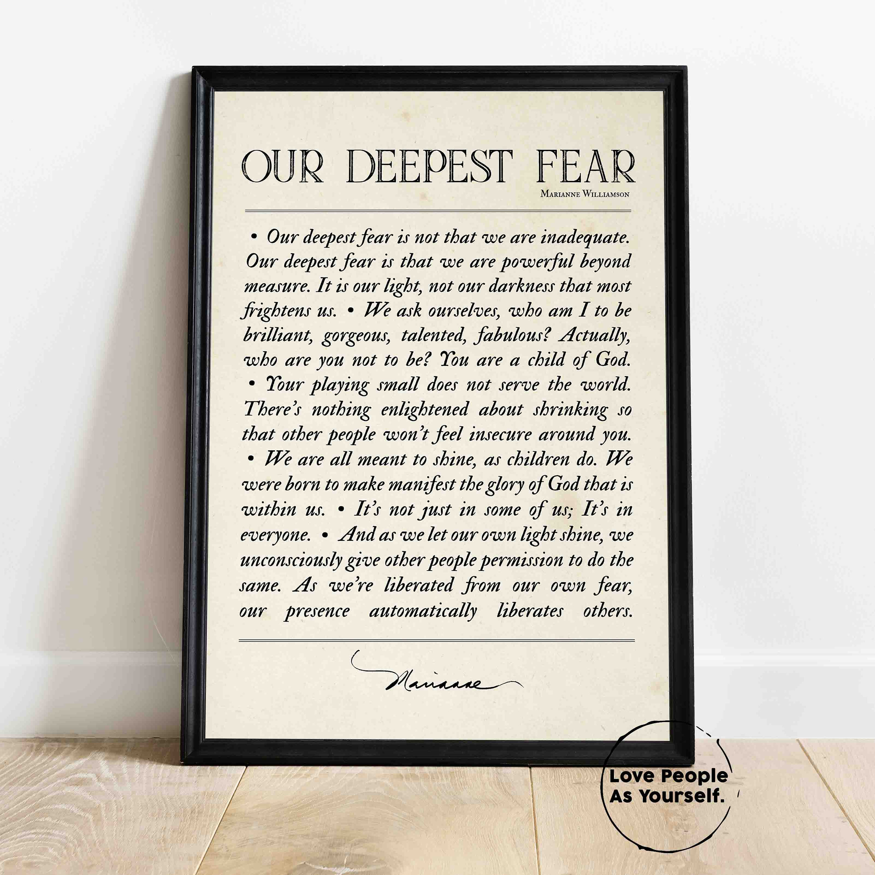 Our Deepest Fear Poem, Marianne Williamson Wall Art Print Poster ...