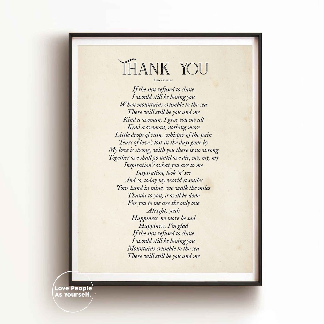 Thank You by Led Zeppelin Lyrics Print, Thank You Song, Thanksgiving ...