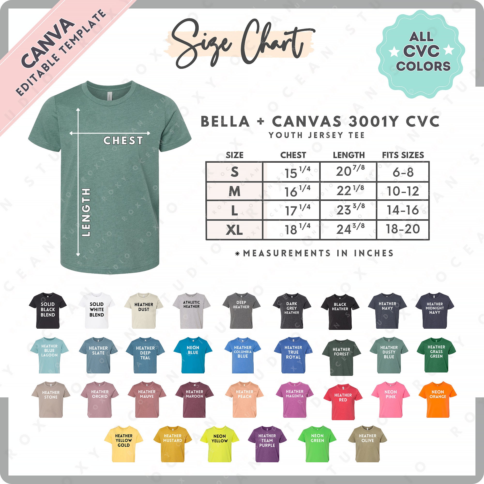 Bella Canvas 3001Y CVC Size Color Chart EDITABLE Canva Template 3001Y ...