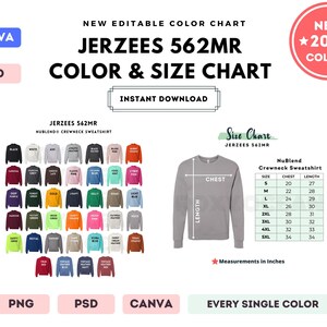 Jerzees 562MR Color Size Chart EDITABLE Canva Template - Etsy