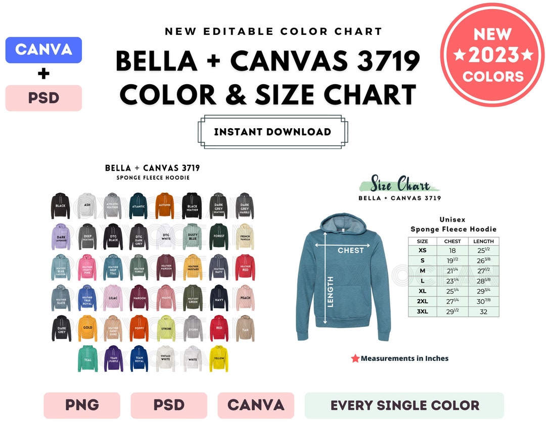 Bella Canvas 3719 Color Size Chart EDITABLE Canva Template - Etsy