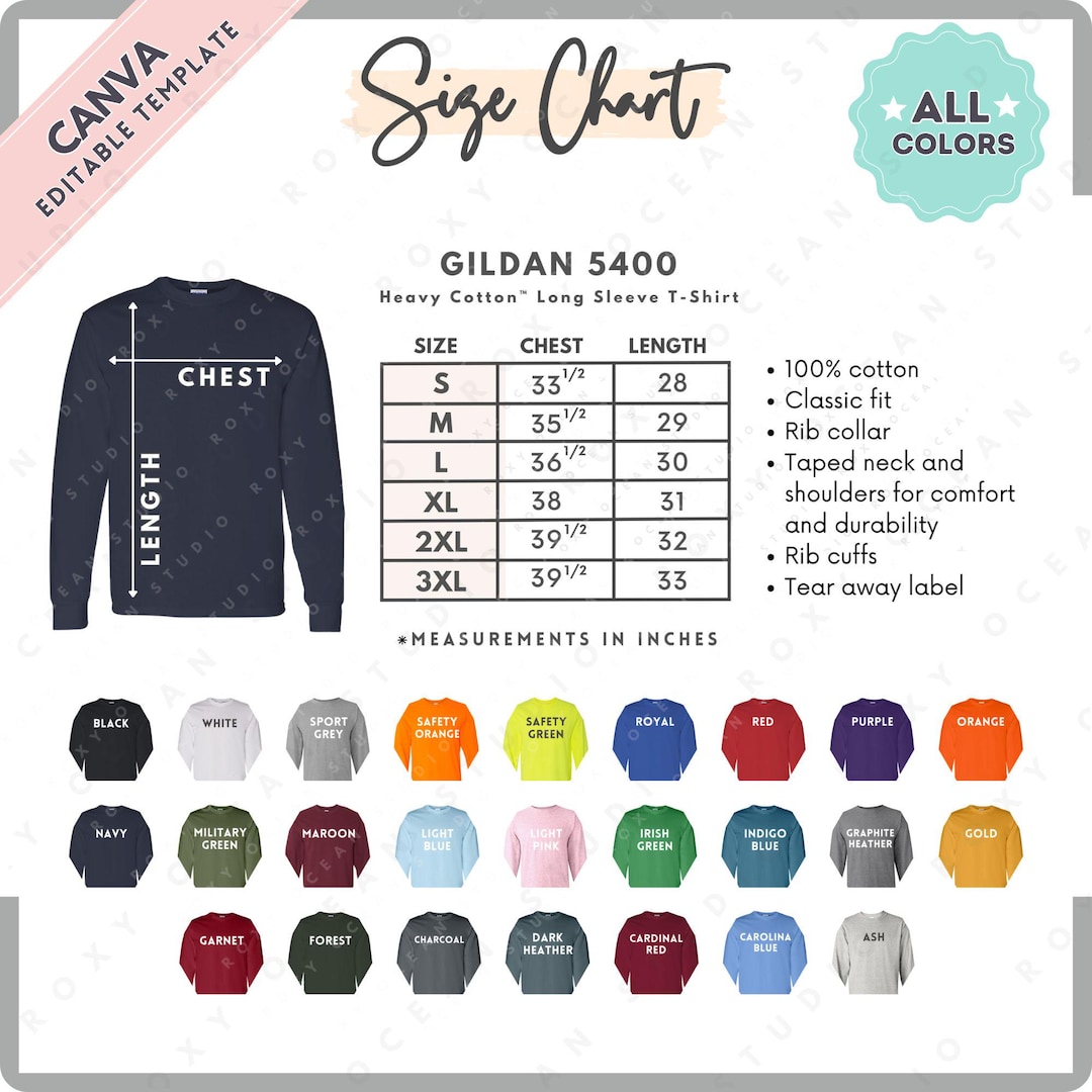 Gildan 5400 Size + Color Chart | EDITABLE Canva Template | G540 Heavy ...