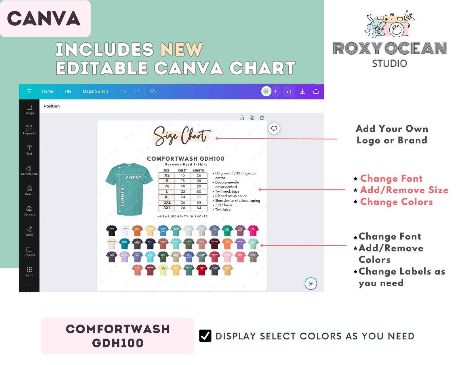 Comfortwash GDH100 Size + Color Chart | EDITABLE Canva Template ...