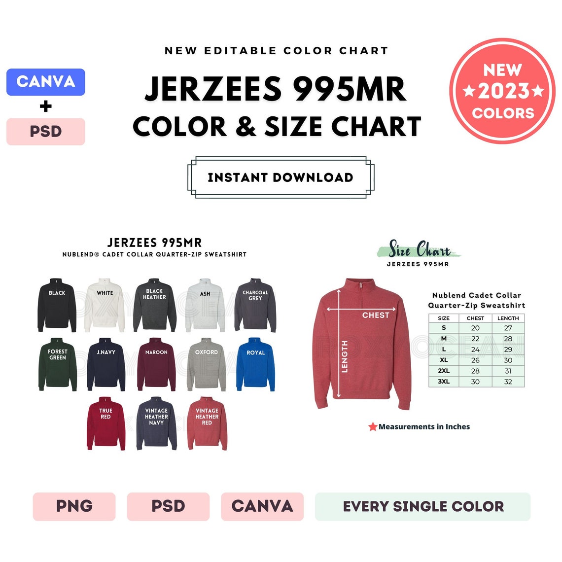 Jerzees 995MR Color Size Chart EDITABLE Canva Template 995MR Nublend ...