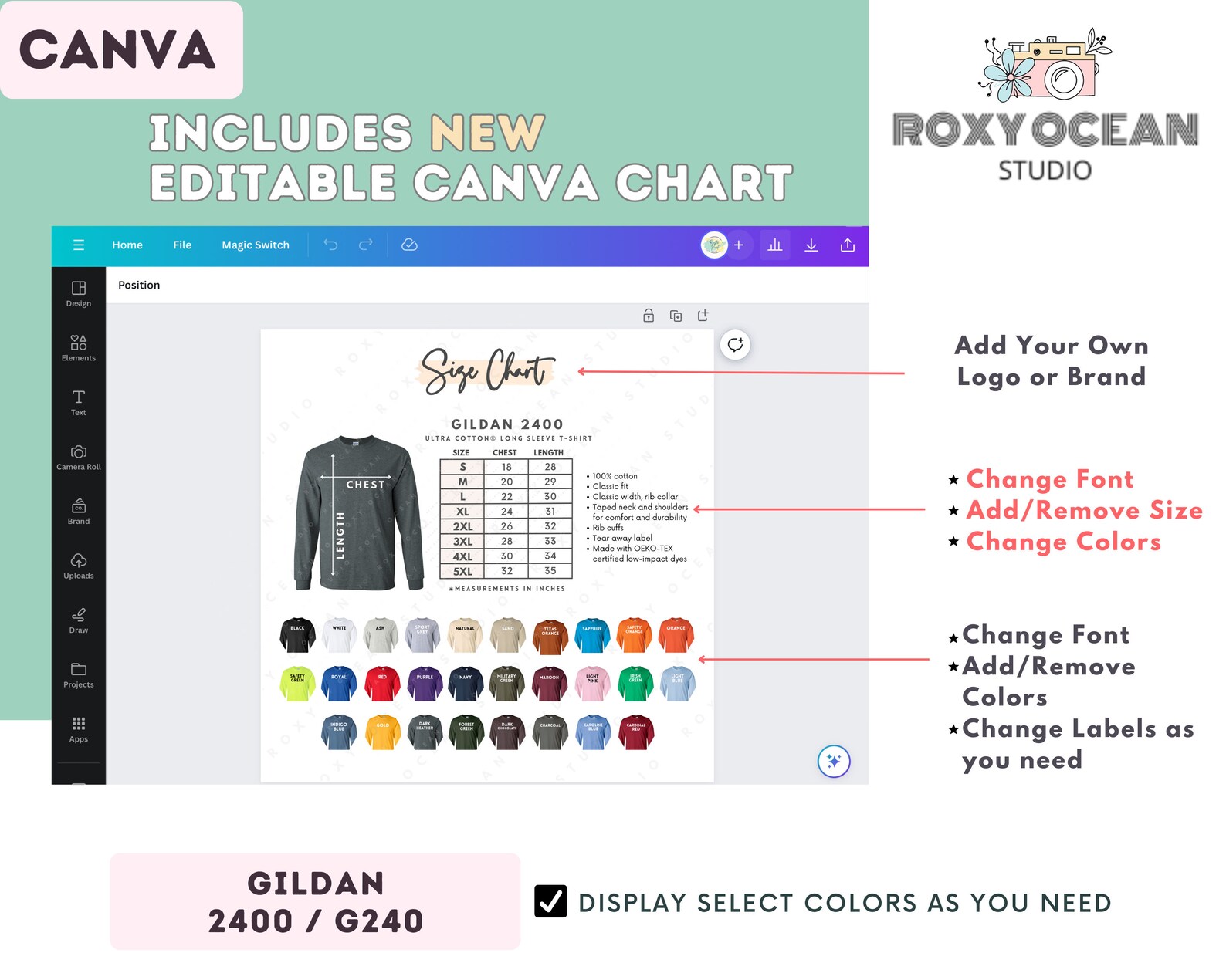 Gildan 2400 Size + Color Chart | EDITABLE Canva Template | G240 Long ...
