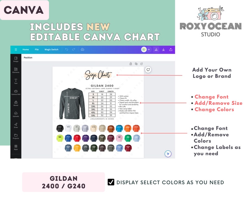 Gildan 2400 Size + Color Chart | EDITABLE Canva Template | G240 Long ...