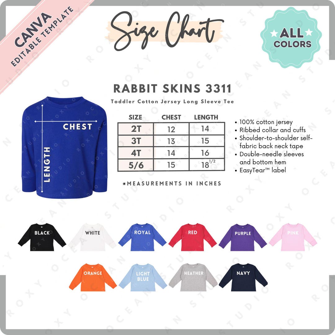 Rabbit Skins 3311 Size + Color Chart | EDITABLE Canva Template | 3311 ...