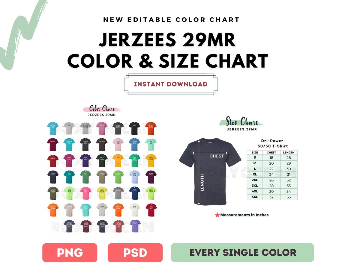 Jerzees 29MR Color Chart Digital File Color and Size Chart - Etsy
