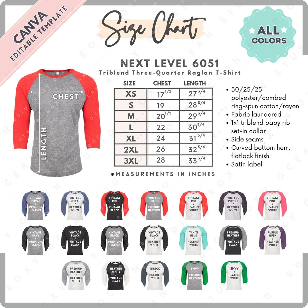 Next Level 6051 Size + Color Chart | EDITABLE Canva Template | 6051 ...