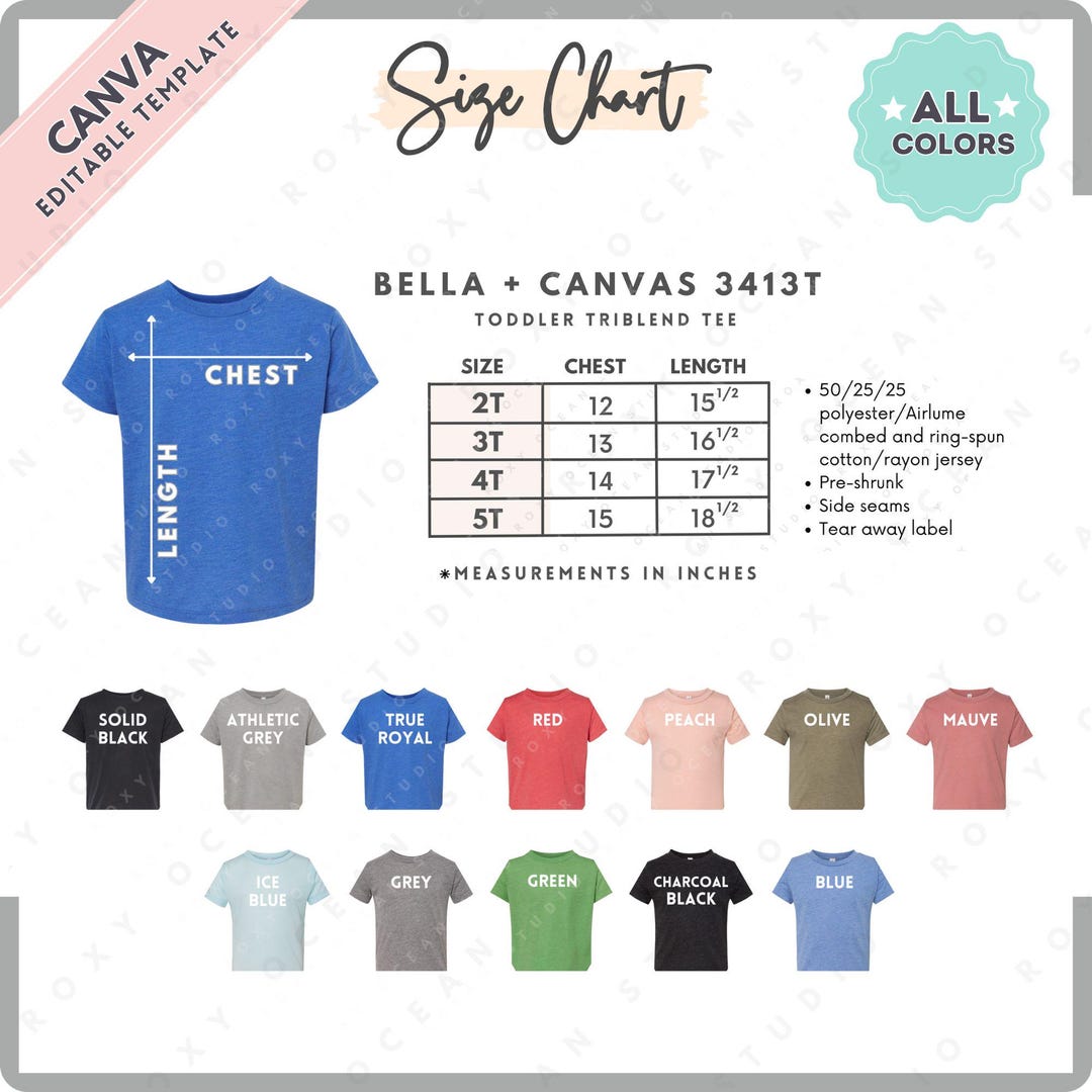 Bella Canvas 3413T Size + Color Chart | EDITABLE Canva Template | 3413T ...