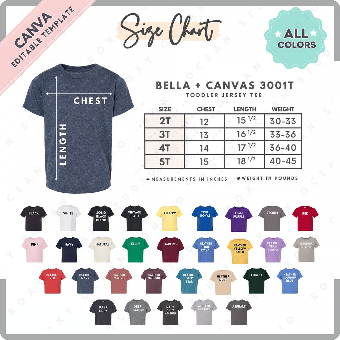 Bella Canvas 3001T Size Color Chart EDITABLE Canva Template 3001T Toddler Jersey Tee 3001T Size ...