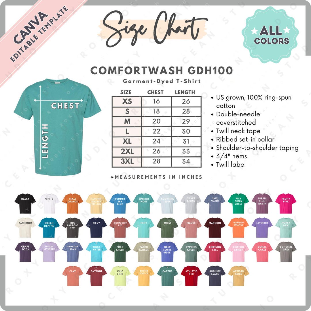 Comfortwash GDH100 Size + Color Chart | EDITABLE Canva Template ...