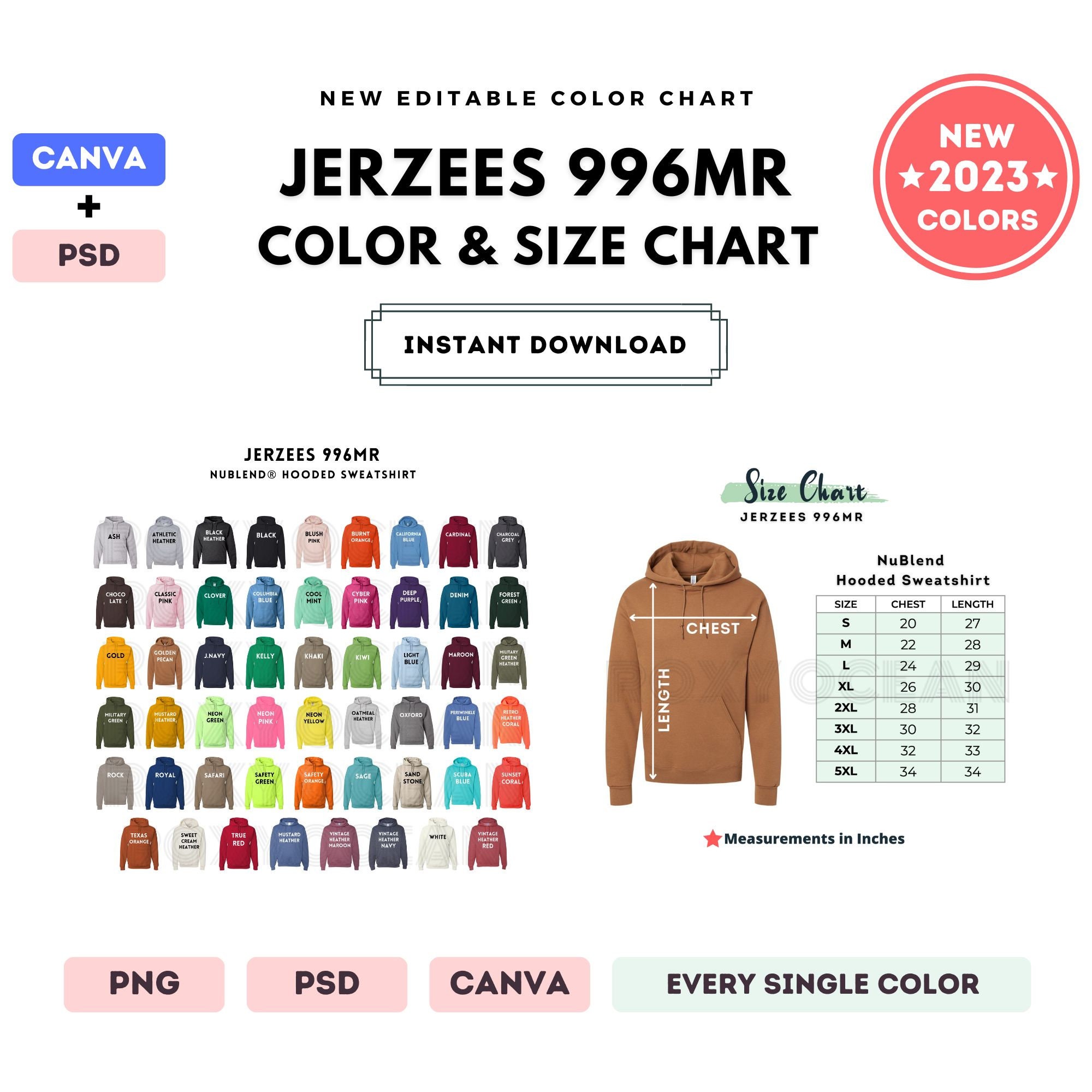 Jerzees 996MR Color Size Chart EDITABLE Canva Template 996MR Hooded ...