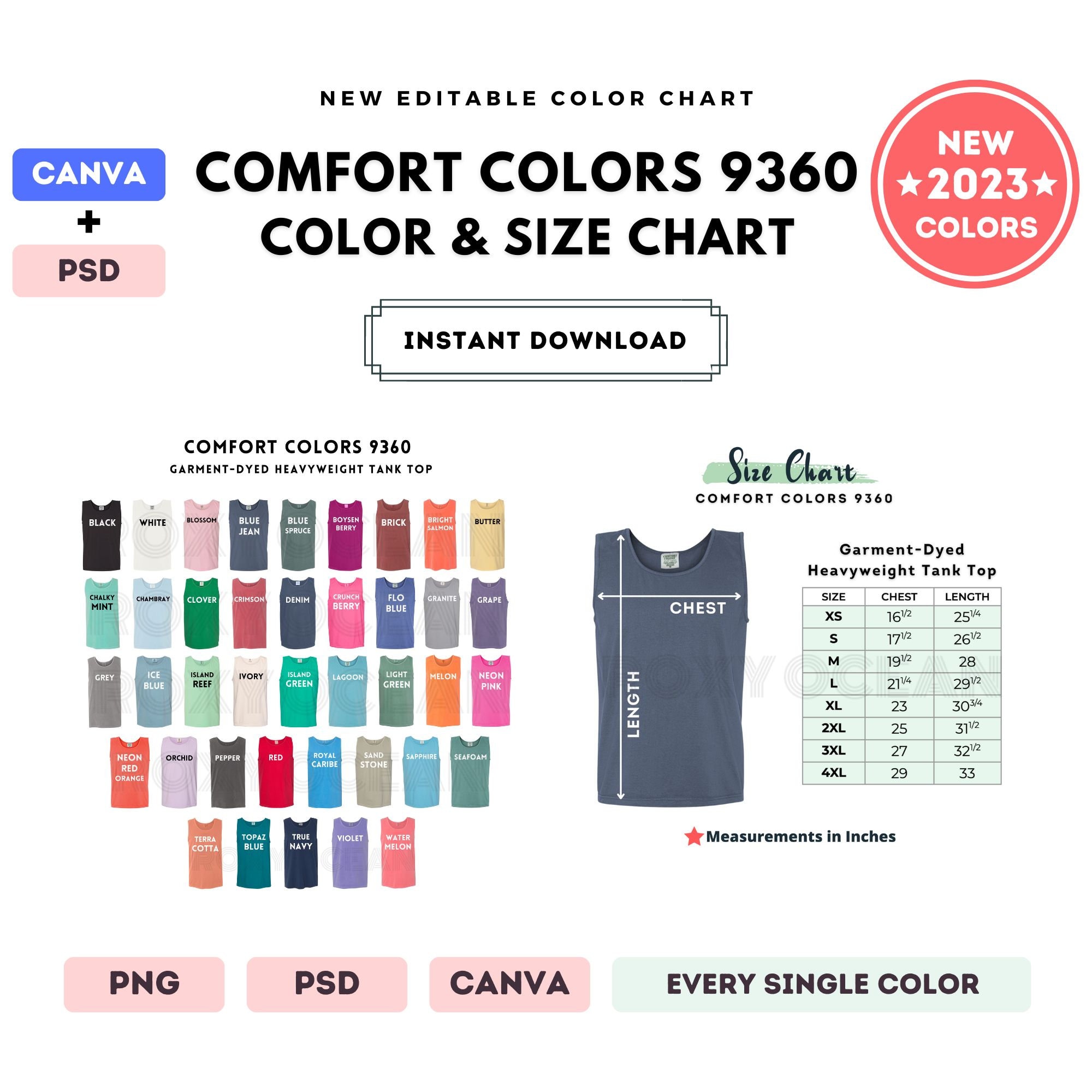 Comfort Colors 9360 Color Size Chart EDITABLE Canva Template 9360 ...