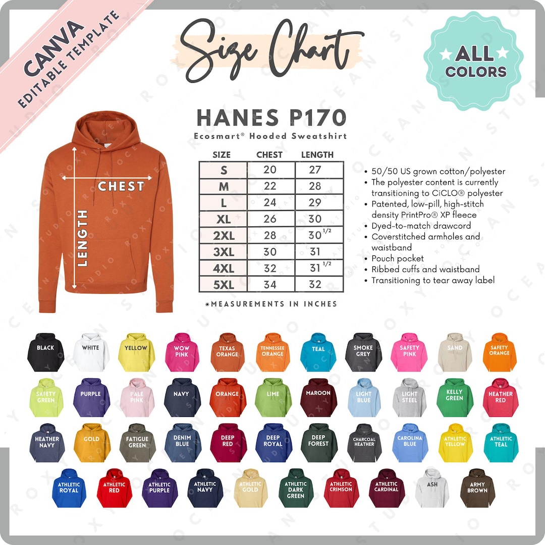 Hanes P170 Size + Color Chart | EDITABLE Canva Template | P170 Ecosmart ...