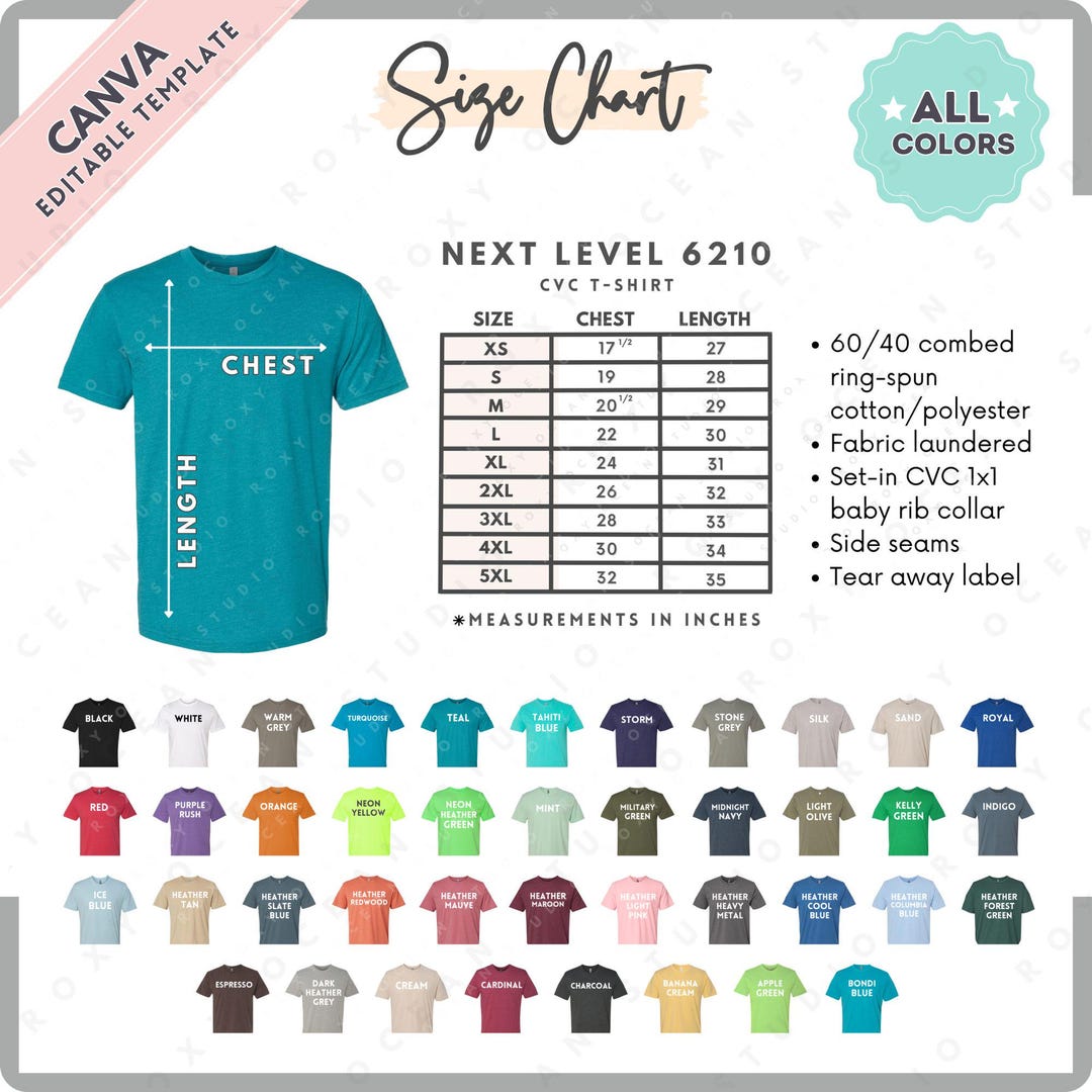 Next Level 6210 Size + Color Chart | EDITABLE Canva Template | 6210 CVC ...