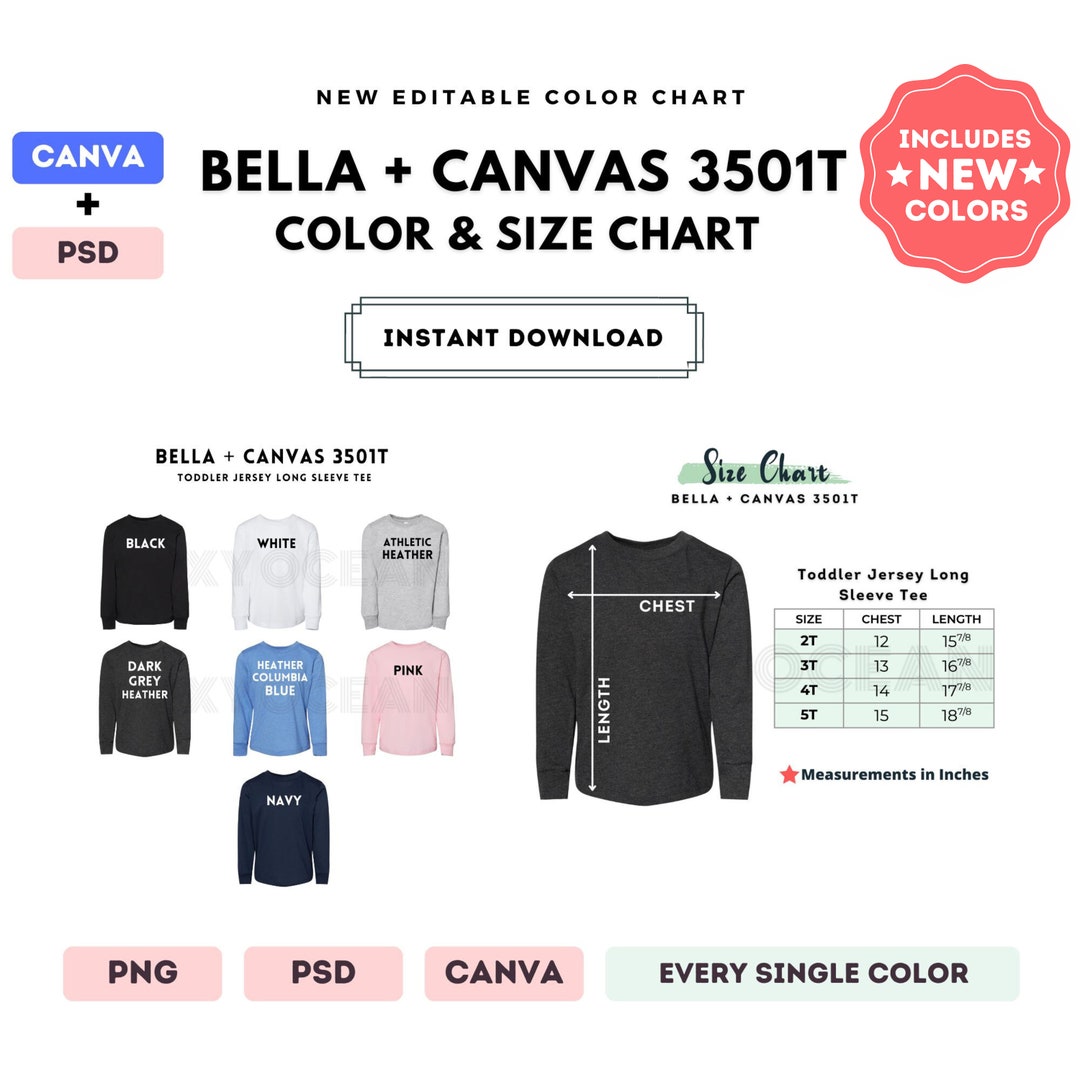 Bella Canvas 3501T Color + Size Chart | EDITABLE Canva Template | 3501T ...