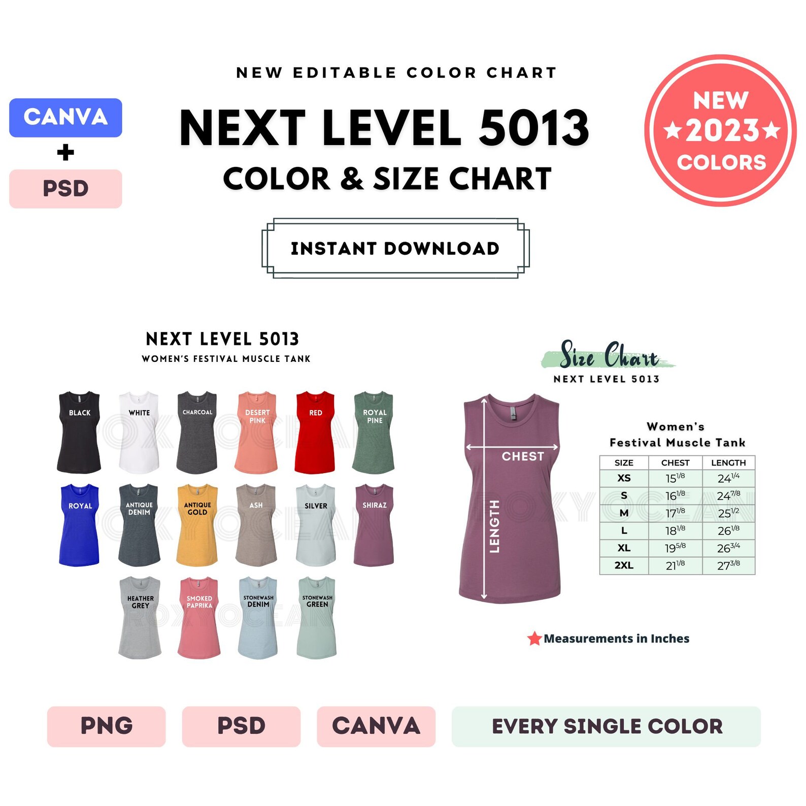 Next Level 5013 Color Size Chart EDITABLE Canva Template 5013 Womens Festival Muscle Tank 5013 ...