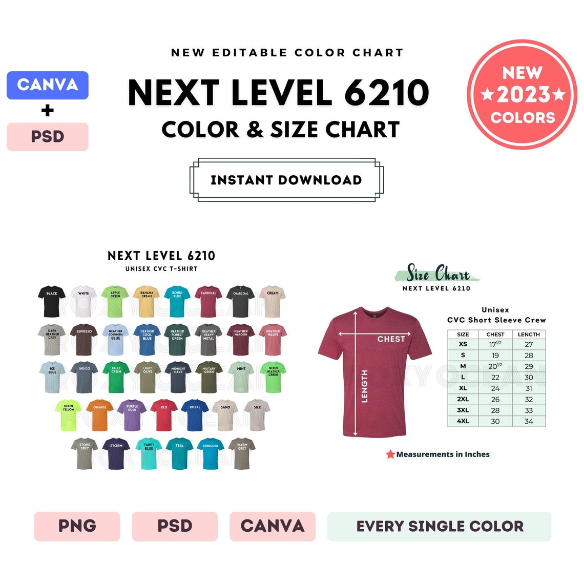 Next Level 6210 Color Size Chart EDITABLE Canva Template 6210 Unisex ...