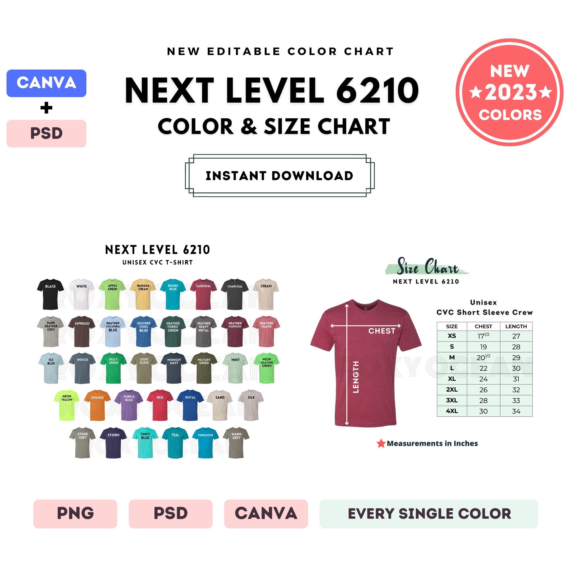 Next Level 6210 Color Size Chart EDITABLE Canva Template 6210 Unisex ...