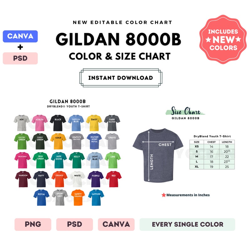G800B Color Size Chart EDITABLE Canva Template G800B Dryblend Youth T ...