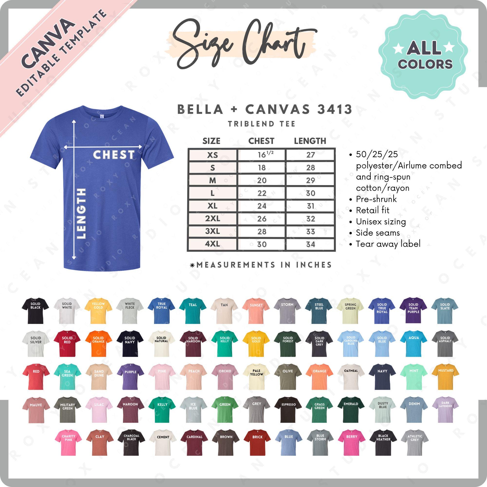 Tabla de tallas y colores Bella Canvas 3413 / Plantilla Canva EDITABLE / Camiseta Triblend 3413 ...