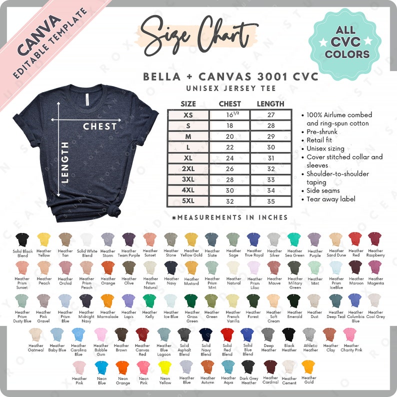 Bella Canvas 3001 CVC Size Color Chart EDITABLE Canva Template 3001 ...