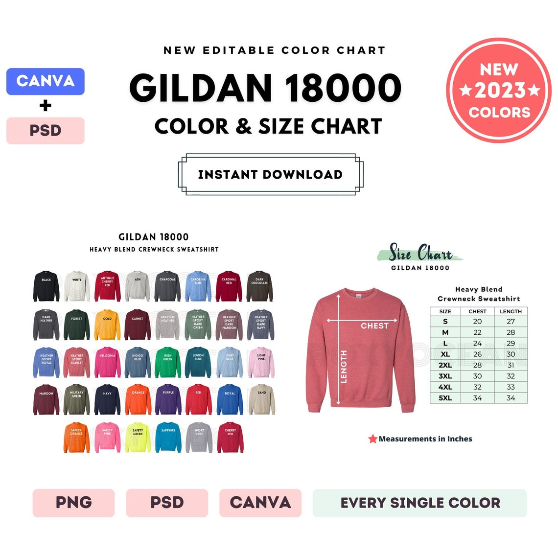 G180 Color Size Chart EDITABLE Canva Template G180 Crewneck Sweatshirt ...