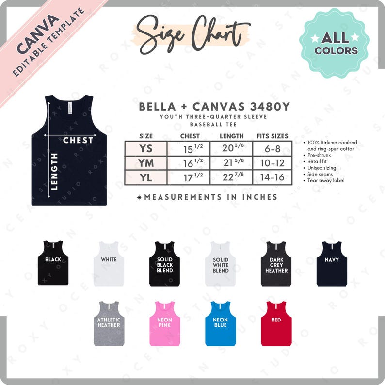 Bella Canvas 3480Y Size + Color Chart | EDITABLE Canva Template | 3480Y ...