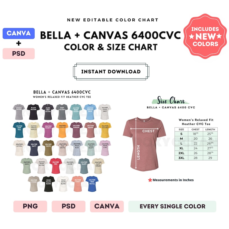 Bella Canvas 6400 CVC Color Size Chart Editable Canva Template 6400 CVC ...