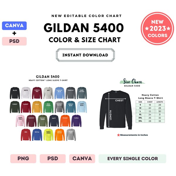 Gildan G5400 Size and Color Chart - Etsy