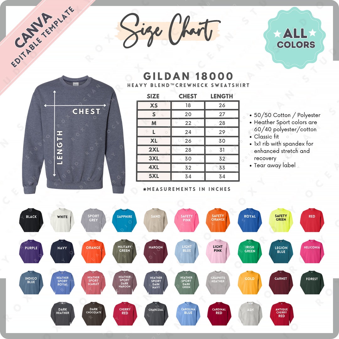 Gildan 18000 Size + Color Chart | EDITABLE Canva Template | G180 ...