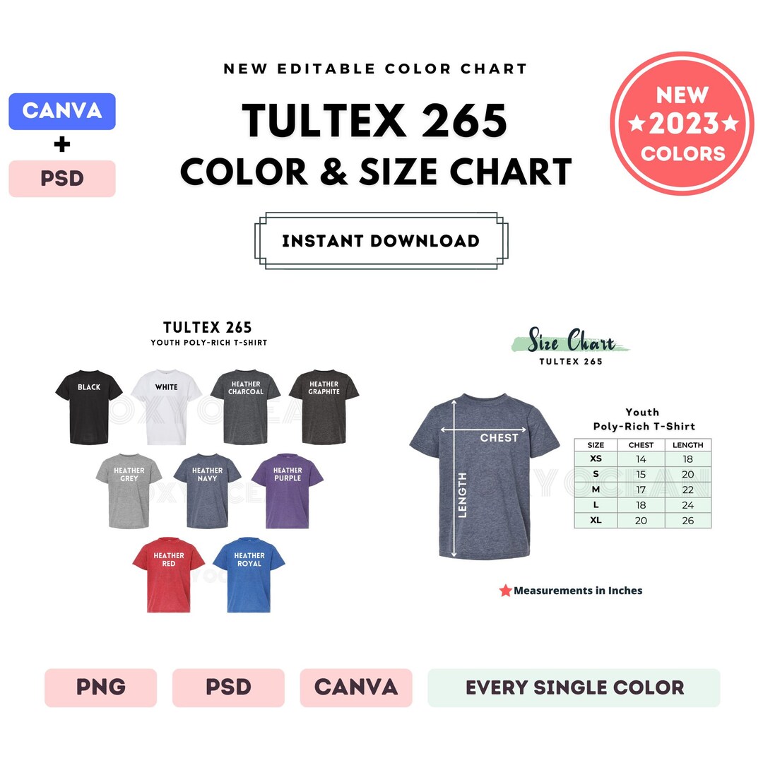 Tultex 265 Color Size Chart EDITABLE Canva Template 265 Youth Poly-rich ...