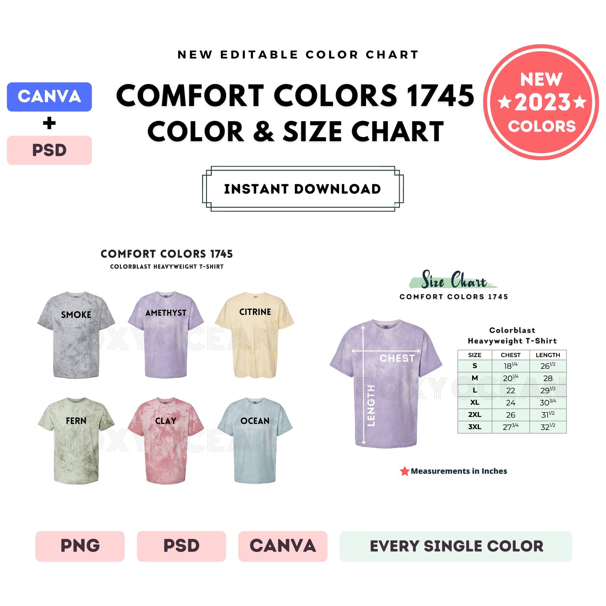 Comfort Colors 1745 Color Size Chart EDITABLE Canva Template 1745 ...