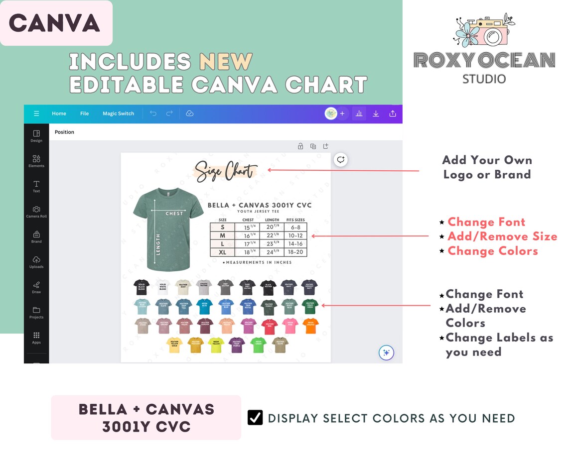 Bella Canvas 3001Y CVC Size Color Chart EDITABLE Canva Template 3001Y ...