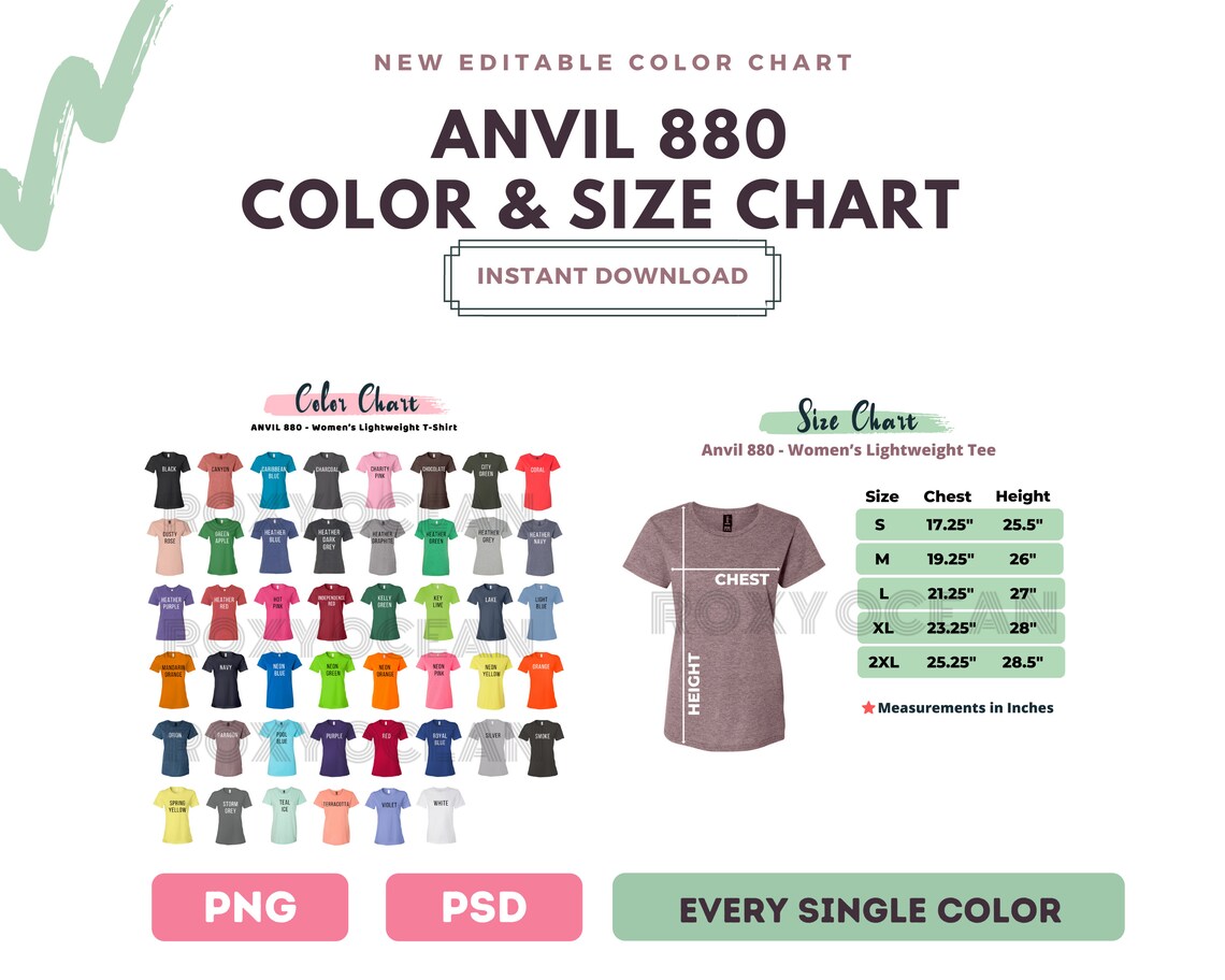 Anvil 880 Color Chart 880 Size Chart Digital Color and | Etsy