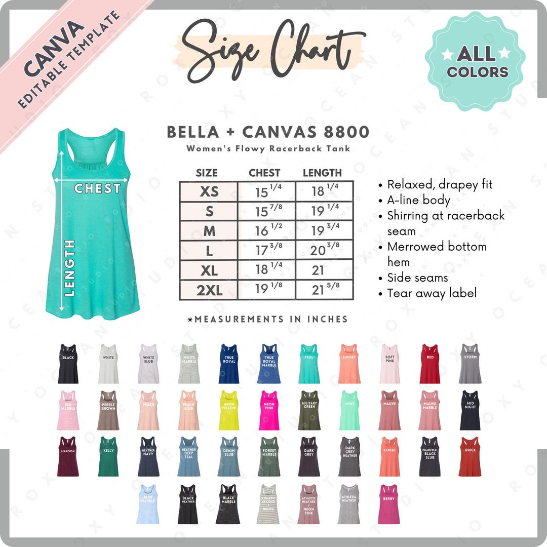 Bella Canvas 8800 Size + Color Chart | Editable Canva Template | 8800 Women's Flowy Racerback ...