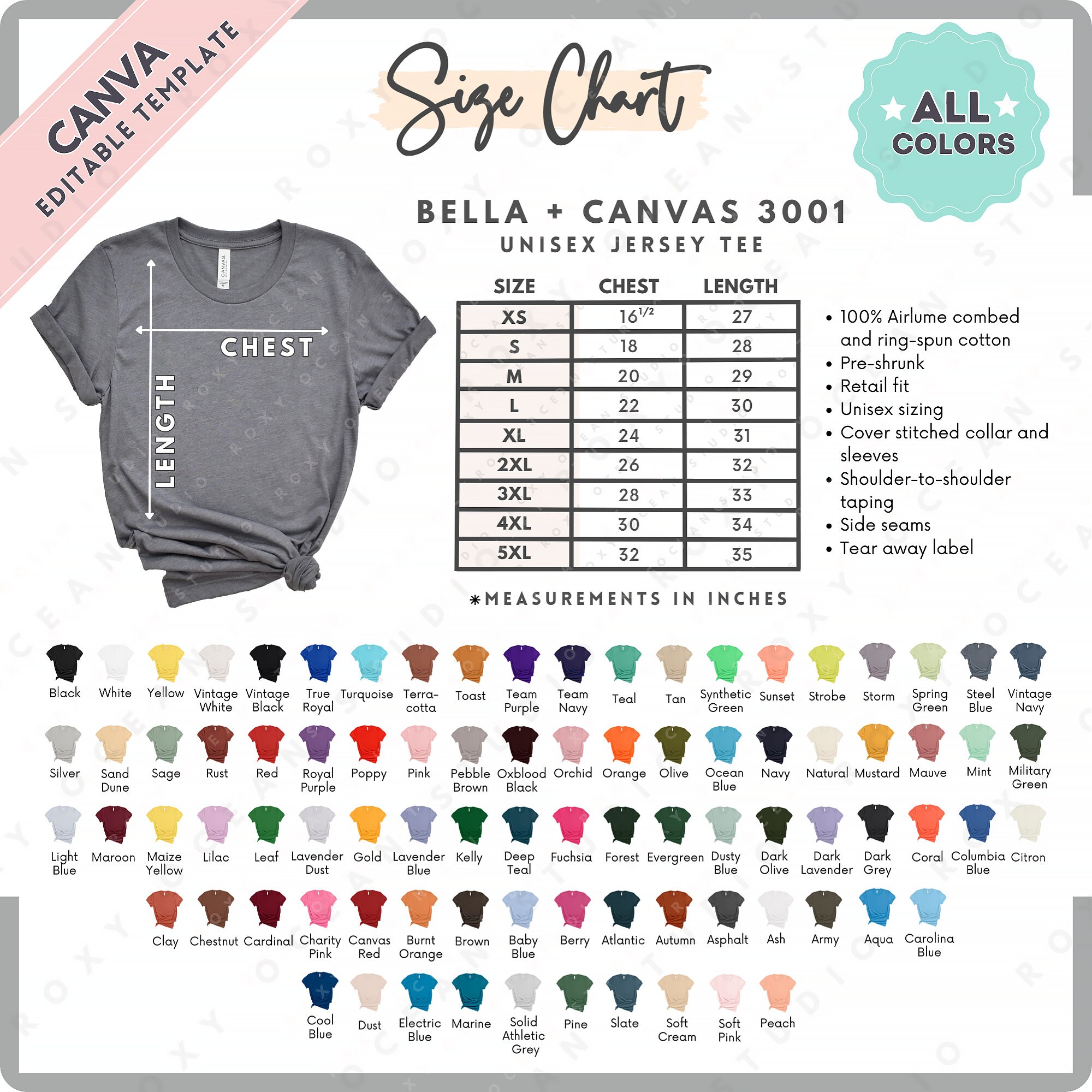 Bella Canvas 3001 Size Color Chart EDITABLE Canva Template 3001 Unisex Jersey Tee 3001 Size ...