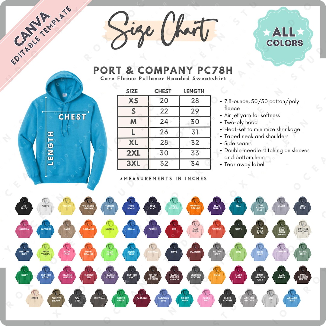 Port & Company PC78H Size + Color Chart | EDITABLE Canva Template ...