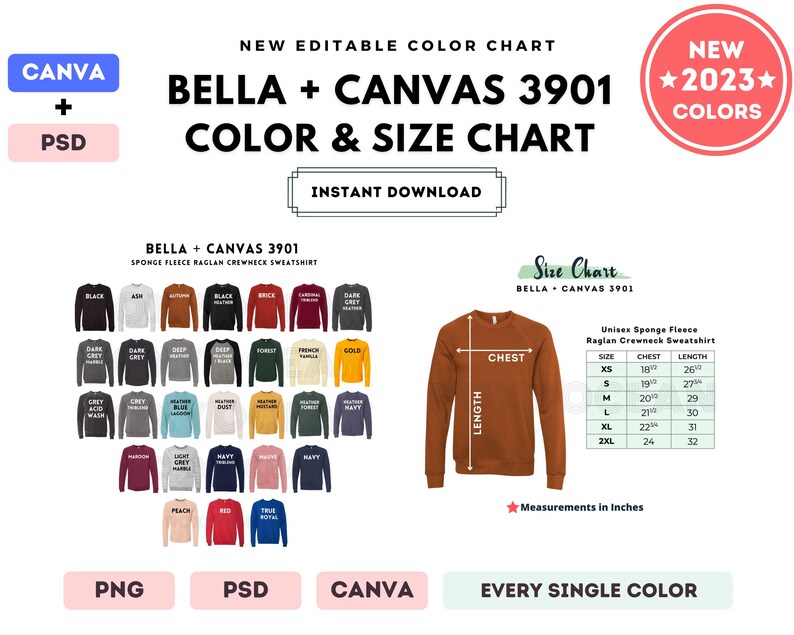 Bella Canvas 3901 Color Size Chart EDITABLE Canva Template - Etsy
