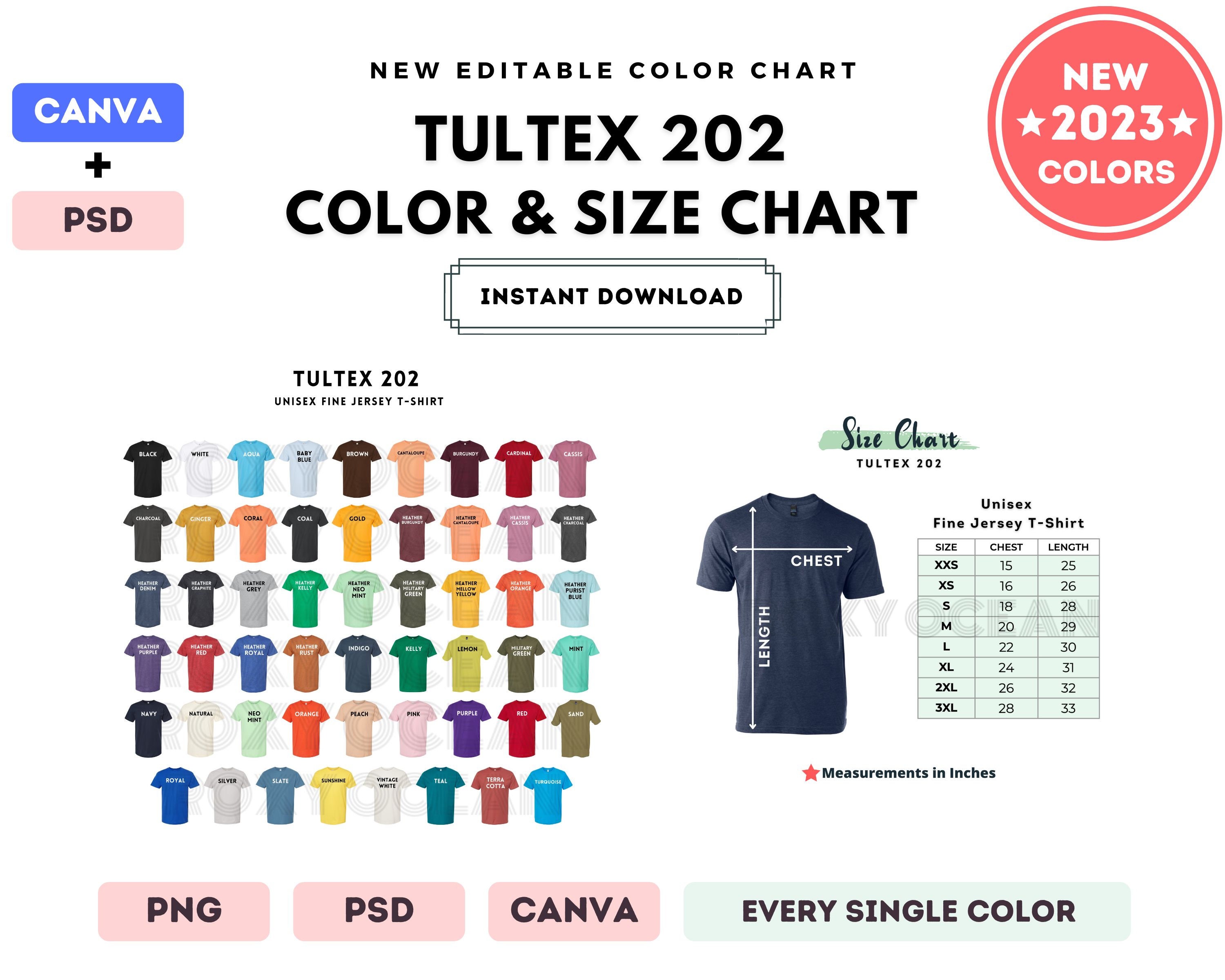 Tultex 202 Color Chart and Size Chart 202 Color Chart - Etsy Canada