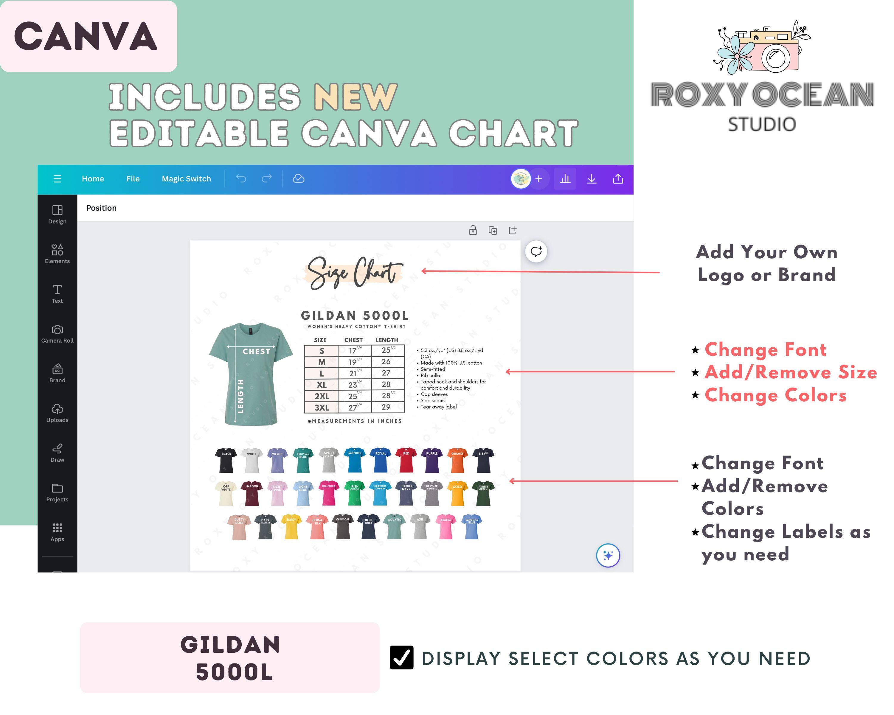 Gildan 5000L Size + Color Chart | EDITABLE Canva Template | G500L Women ...