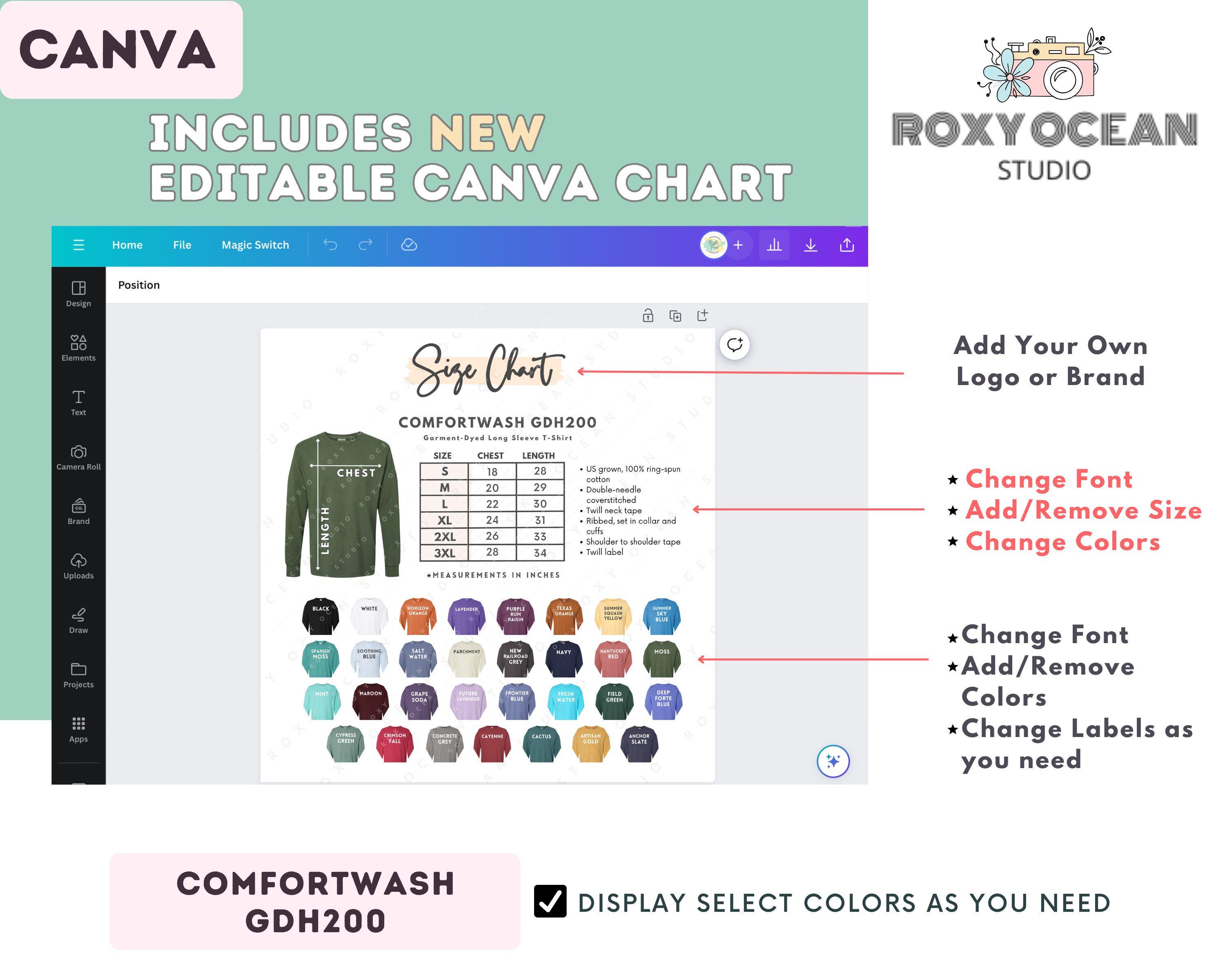 Comfortwash GDH200 Size + Color Chart | EDITABLE Canva Template ...