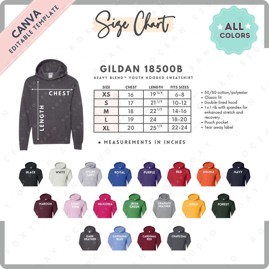 Gildan 18500B Size + Color Chart | EDITABLE Canva Template | G185B ...