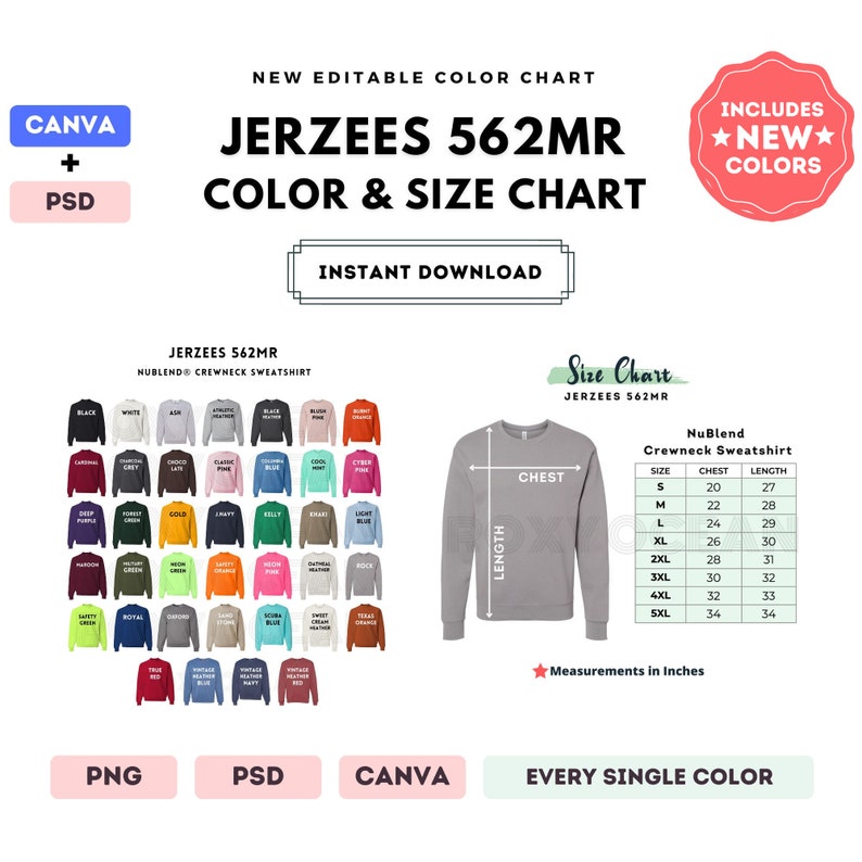 Jerzees 562MR Color + Size Chart | EDITABLE Canva Template | 562MR ...