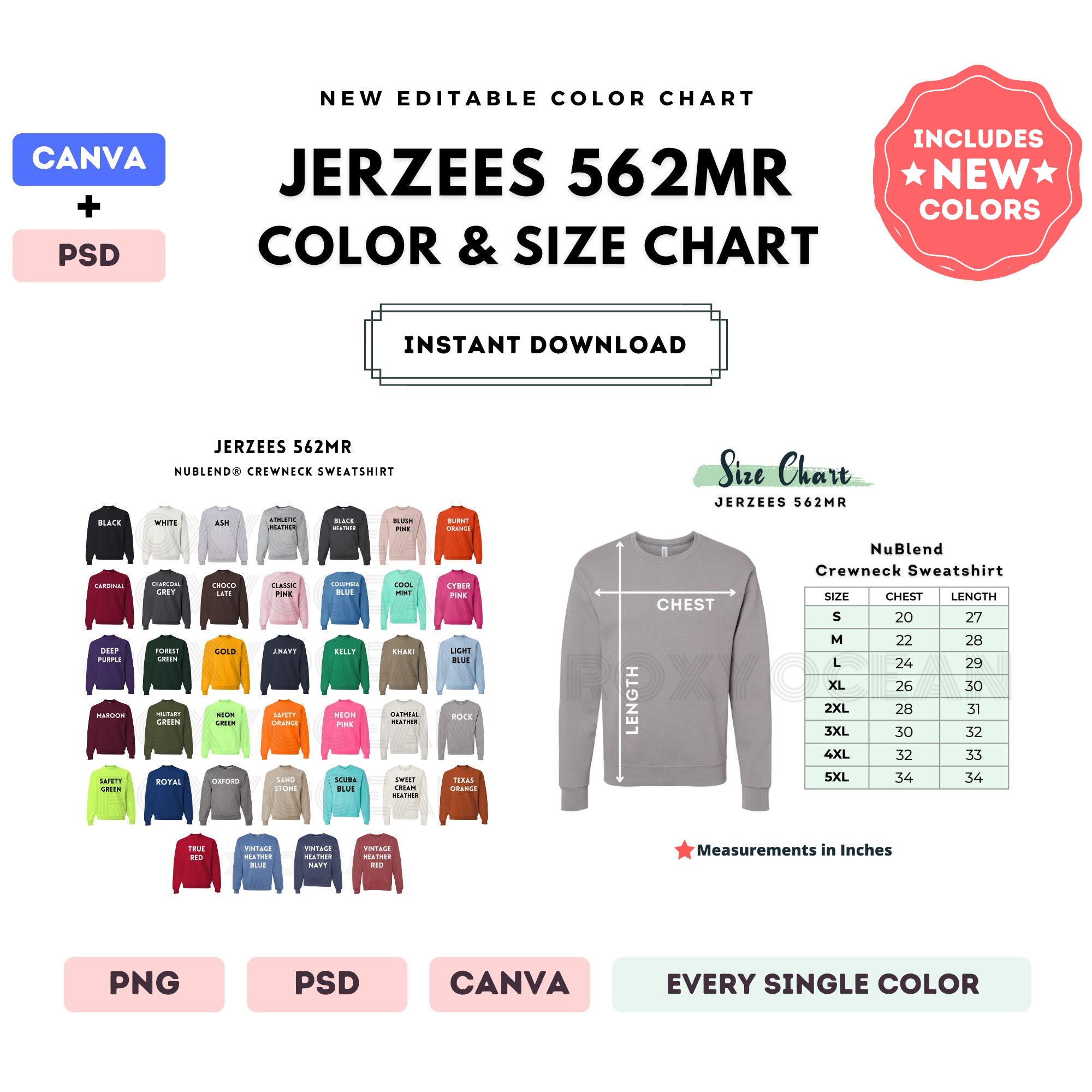Jerzees 562MR Color + Size Chart | EDITABLE Canva Template | 562MR ...